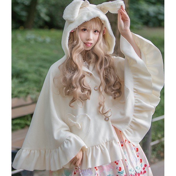 姫系ポンチョコート アウター リボン フリル ウール 原宿 ファション ウサギ耳 猫耳 防風 ロリータ