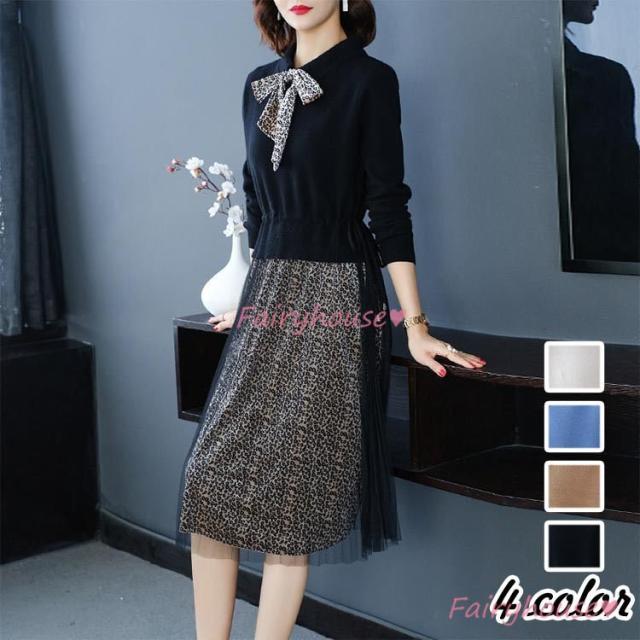 ニットワンピース レディース 40代 秋冬 きれいめ 膝丈ワンピース 長袖 Aライン 豹柄 切り替え ニット 結婚式ドレス 通勤 着痩せ オシャレ