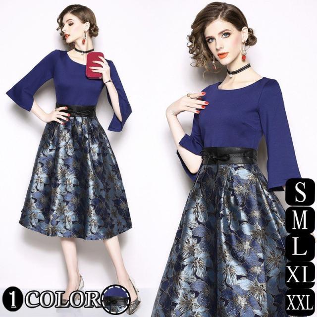 ワンピースレディース春ワンピース フォーマルワンピース 結婚式二次会 花柄パーティードレス 春物袖あり大きいサイズ ワンピース お呼ばれワンピース入学式