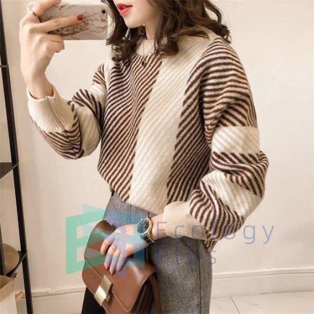 セーター レディース ニットセーター 長袖 丸首 トップス ストライプ プルオーバー サマーニット 大きいサイズ 体型カバー 秋 冬 バイカラー 重ね着 通勤 厚手