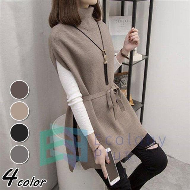 ニットベスト レディース 秋冬 40代 ニットセーター ノースリープ 無地 ハイネック ミディアム丈ニットプルオーバー ゆったりセーター 大人可愛い オシャレ