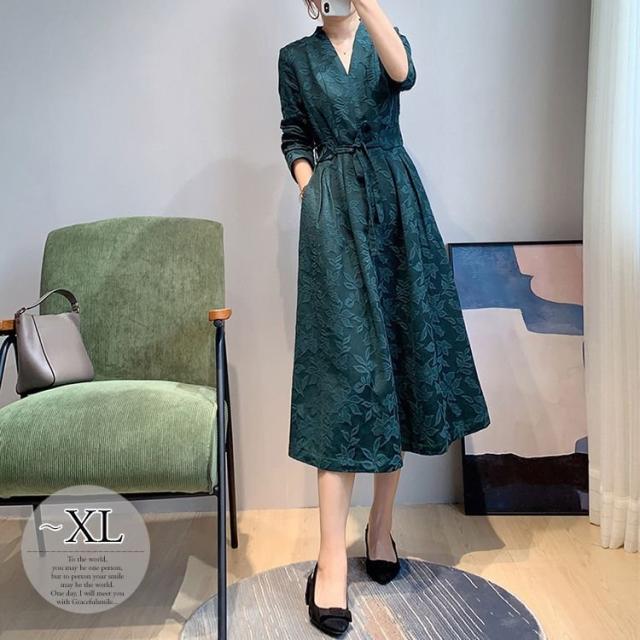 ワンピース 花柄 Vネック ウエスト紐 ロング丈 ポケット ナチュラルコーデ ナチュラル 可愛い 母親 上品 ママ ガーリー ドライブ 食事会 きれいめ