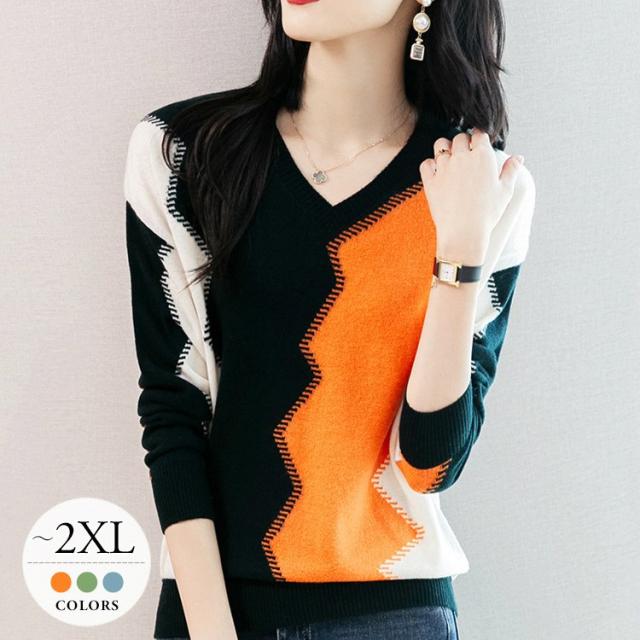セーター レディース トップス 長袖 ニット Vネック バイカラー ギザギザ模様 大人スタイル オフィスカジュアル オレンジ グリーン ブルー デート/
