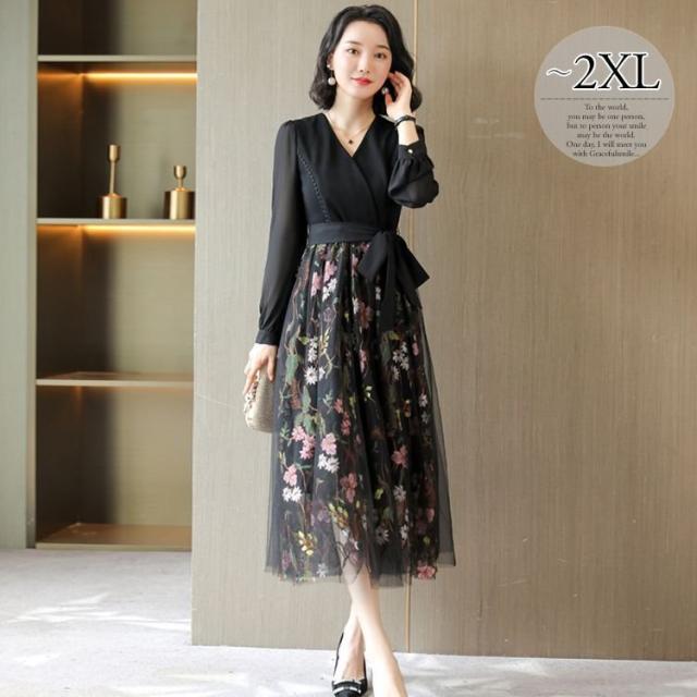 ワンピース 花柄 チュール ウエストリボン ウエストマーク カシュクール モダン 細見え 結婚式 お呼ばれ フェミニン パーティー 舞台 入学式 キレイ目