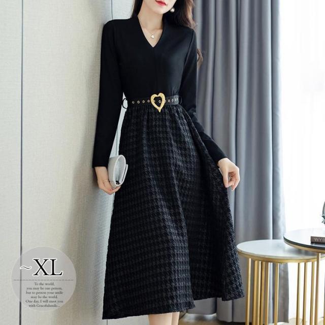 ワンピース 長袖 Vネック Aライン ドッキング ベルト クラシカル 着やせ ハート 女子旅 食事会 美人 大人可愛い 定番 可愛い お出かけ