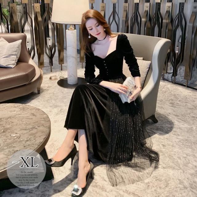 ワンピース ドレス レース ブラック ボタン クラシカル 着やせ お出かけファッション 食事会 清楚 定番 キレイ目 休日スタイル 休日 大人可愛い