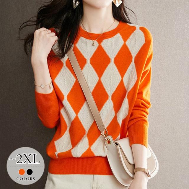 セーター レディース トップス 長袖 ニット ラウンドネック 丸首 ダイヤモンド柄 大人スタイル カジュアル オレンジ ブラック お出かけファッション/
