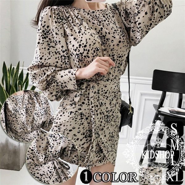 ワンピース ミニ丈 長袖ワンピース カジュアル 総柄ワンピ ヒョウ柄 ファッションワンピース パフスリーブ ミニワンピース 大きいサイズ お洒落 秋 春