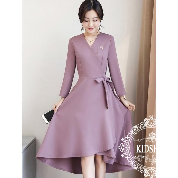 ワンピース 膝丈 レディース 長袖 Vネック 着痩せ Aライン 不規則