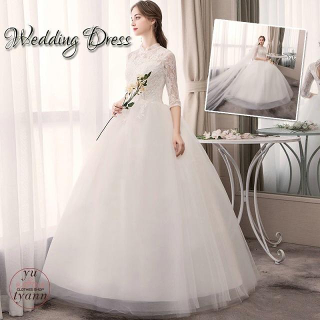 花嫁ウェディングドレス 二次会 ビーチウェディングドレス パーティードレス 結婚式 ワンピース ドレス レディース 袖あり 大人 着痩せ 上品 お呼ばれ