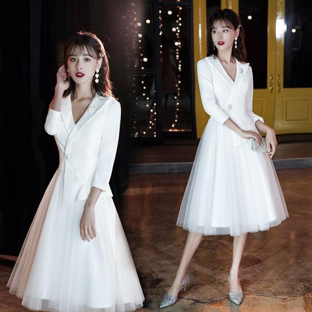 パーティードレス ミモレ丈 結婚式 ワンピース お呼ばれ フォーマル 同窓会 二次会 謝恩会 演奏会 発表会 袖あり Vネック 通勤 白 チュール ふわふわ 20代 30代