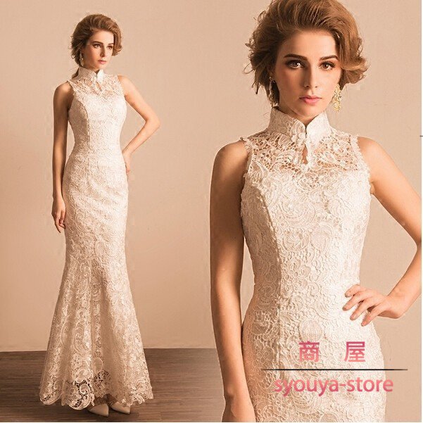 ウエディングドレス チャイナ風 マーメイドライン 結婚式 白 立ち襟 ピアノ発表会 ロングドレス 二次会 レースドレス 演奏会用ドレス マキシ丈ワンピース
