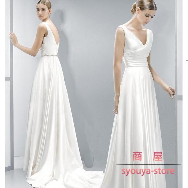 パーティードレス ピアノ発表会 演奏会用ドレス トレーンライン 花嫁 エンパイア 深いVネック ブライズメイド ワンピース 白 袖なし 大きいサイズ 二次会 結婚式