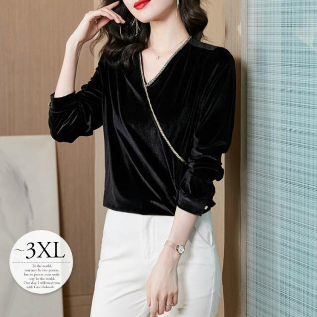 ブラウス トップス シャツ カットソー 長袖 無地 ベロア調 厚手 カシュクール風 華やか オフィスカジュアル ブラック 母親 美人 ママ ミセス 休日/