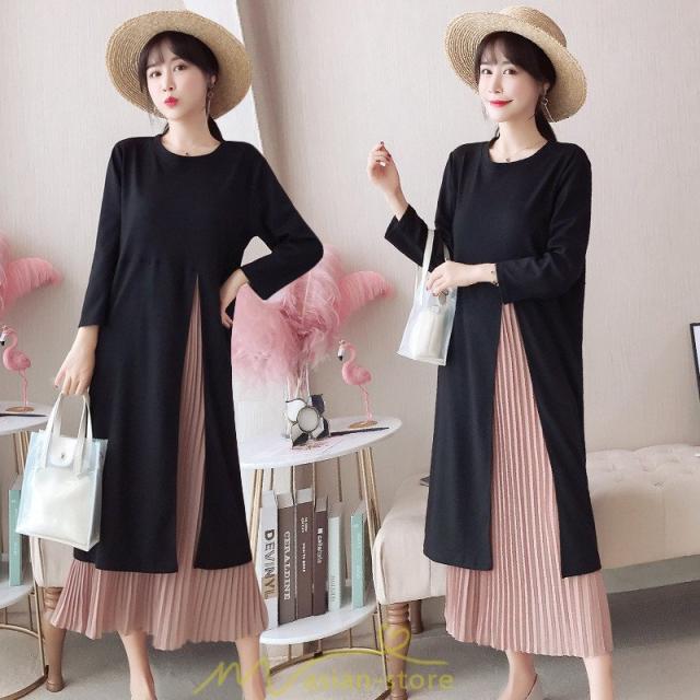 ワンピース レディース 秋服 ロングワンピース プリーツスカート フェイク 重ね着 長袖 切り替え 大きめ ゆったり 30代 40代 かわいい 揺れる スリット 秋冬