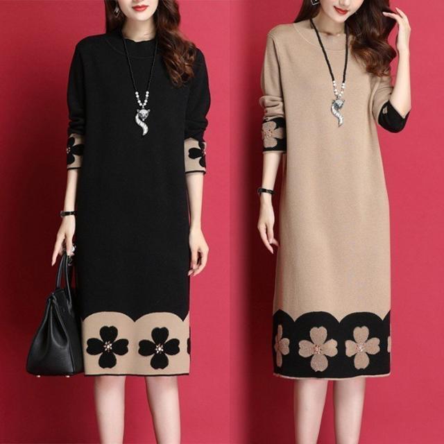 ニットワンピース レディース 40代 秋冬 膝丈 配色 ロングセーター メリヤス ワンピース きれいめ 上品 カジュアル 長袖 花柄 体型カバー 通勤 着痩せ 大人