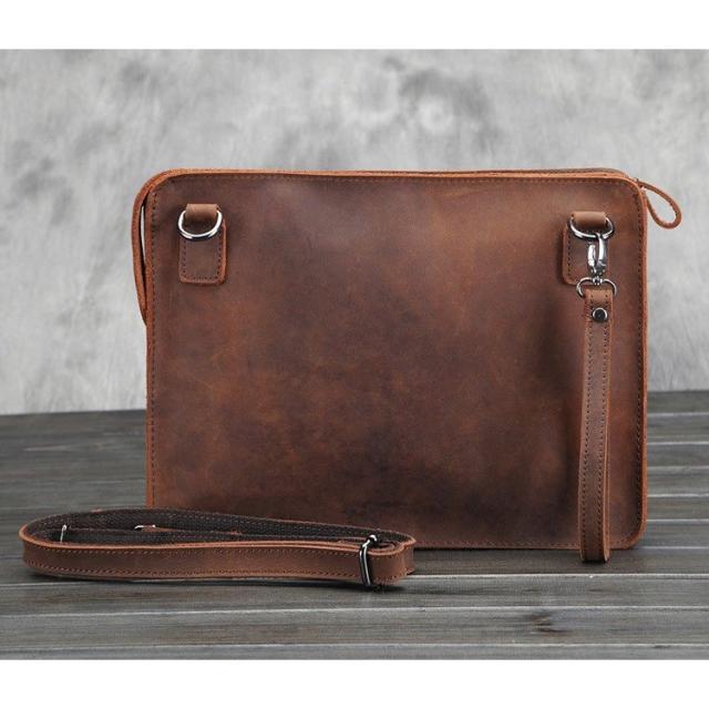 セカンドバッグ ブラウン レザー 本革 チェーン付き クラッチバッグ