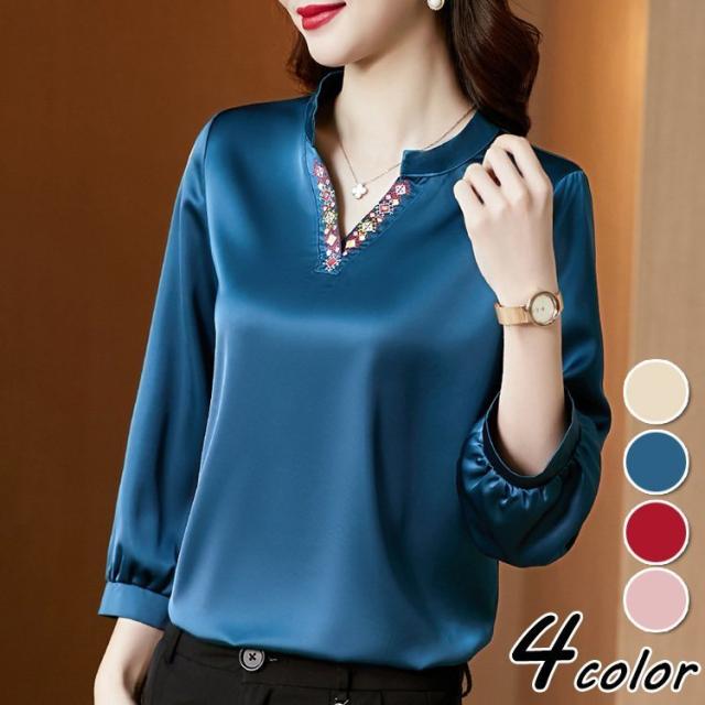 ブラウス レディース 40代 春夏新作 オシャレブラウス 花刺繍シャツ 七分袖トップス レション Vネックブラウス 大人 通勤 ゆったり シャツ 韓国風 30代 50代