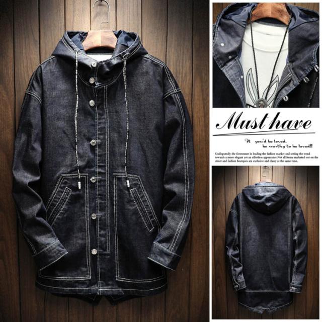 デニムジャケット デニムコート フード付き 帽子 メンズ ロング丈 ジージャン スプリングコート 春秋