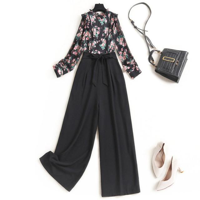 オールインワン パンツ ブラウス リボン 花柄 フォーマル ワイドパンツ リボン 20代 30代 40代 ビジネス 母親 ママ 参観日 式