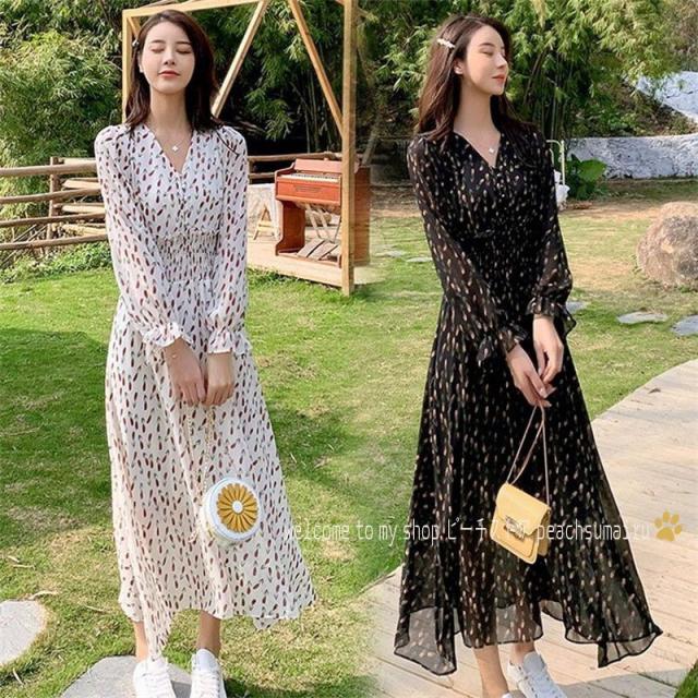 ワンピース レディース 40代 マキシワンピース 春夏秋 長袖ワンピース きれいめ 花柄シフォン vネック フレアスカート オシャレ結婚式ドレス お出かけ 大人