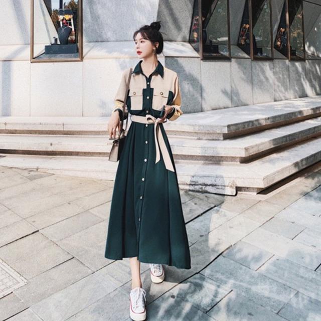 ワンピース Aライン シャツワンピース レディース 女性 長袖 ロング丈 襟付き 前ボタン ウエストリボン ハイウエスト お洒落 可愛い きれいめ お