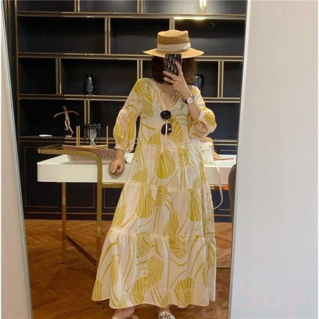 ワンピースドレス レディース 綿 春秋 マキシ丈 花柄 葉柄 長袖 パフスリーブ ロング丈ワンピース きれいめ 韓国風 結婚式 ドレス 着痩せ オシャレ リネン