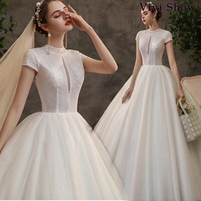 ウェディングドレス 結婚式 谷間?見せ?ドレス 二次会 ホワイト 花嫁 プリンセスドレス 白ドレス ロングドレス 披露宴 編み上げ トレーンライン