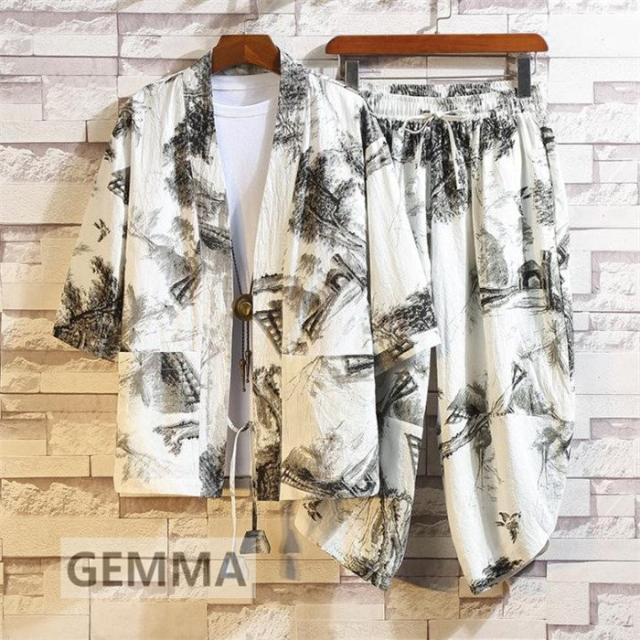 セットアップ メンズ  半袖シャツ 水墨風 七分丈パンツ ２点セット リネン セット 綿麻 ジャージ スウェット上下セット スポーツウェア カジュアル 夏物