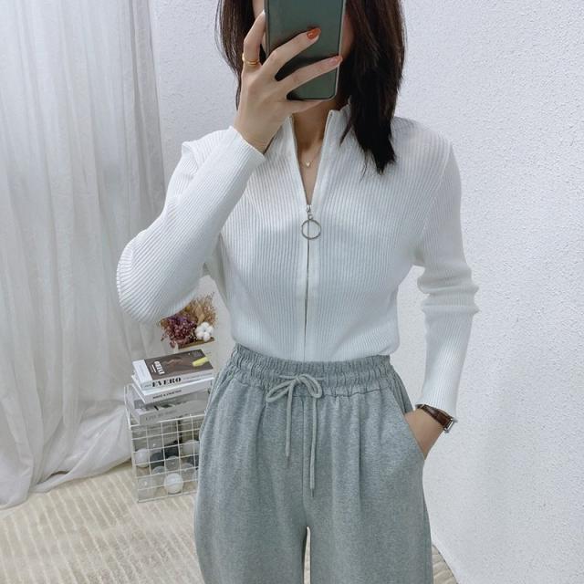 カーディガン ジップアップ 長袖 ニット レディース 女性 トップス 羽織り 上着 フロントジッパー 前開き クルーネック シンプル ソリッドカラー カーディガン ジップアップ 長袖 ニット レディース 女性 トップス