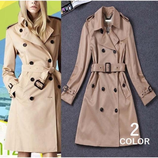 スプリングコート トレンチコート ハーフコート ひざ丈 スタンダード 長袖 ダブル シンプル 無地 レディース アウター 春秋 ウエストベルト付き ス