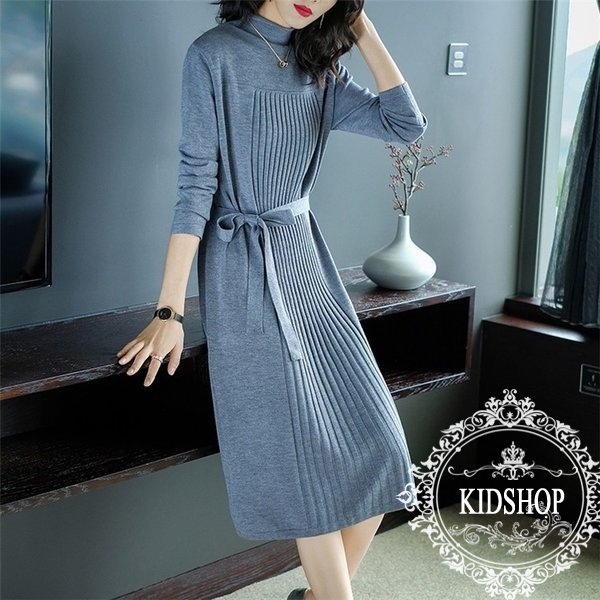 ニットワンピース レディース 40代 秋冬 膝丈 ベルト付き ワンピース きれいめ vネック セーター メリヤス 30代 40代 50代 ワンピース 長袖 体型カバー 通勤