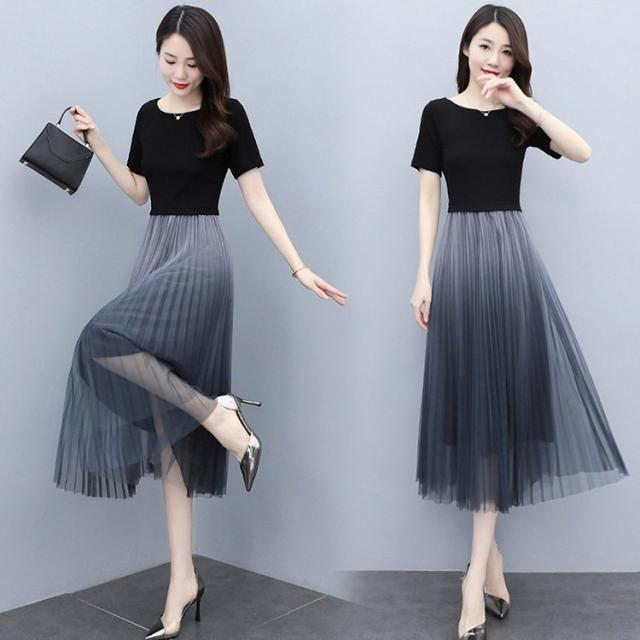 ワンピース レディース 40代 マキシワンピース 春夏新作 半袖ワンピース 黒 グラデーション色 チュールスカートオシャレ韓国風 通勤OL 着痩せ 30代