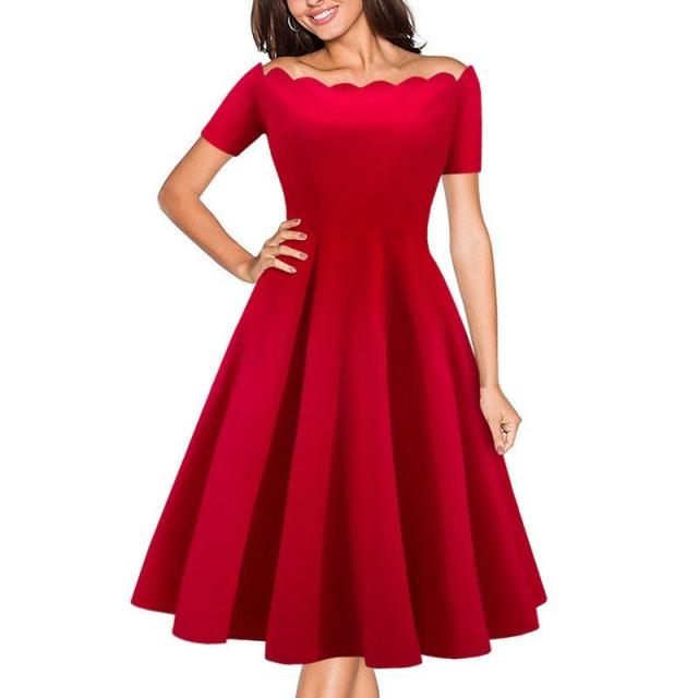 ドレス レディース ワンピース 大きいサイズ有 半袖 オフショルダー フレアスカート ミディアム 膝丈 無地 S M L XL 2XL