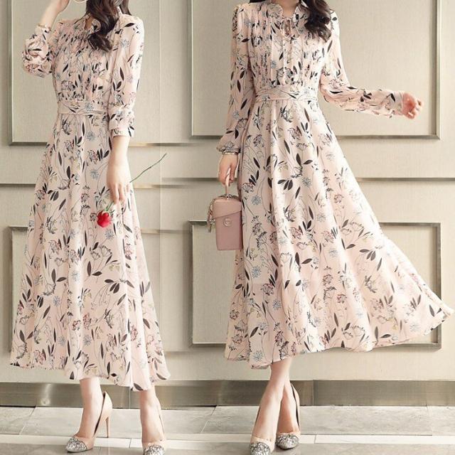 ワンピース レディース オシャレ 上品 ロングワンピース 花柄 ワンピ シフォン 着痩せVネック お出かけ 30代40代 ミモレ丈 マキシ丈