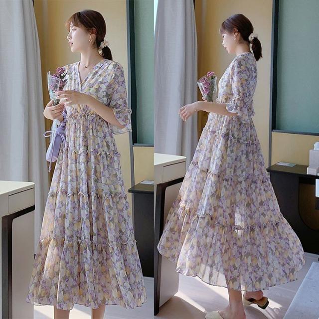 ワンピース レディース 40代 キレイめ ルロング丈ワンピース 春夏 五分袖ワンピース 花柄 シフォンワンピース フレア Aライン ドレス オシャレ 上品 着痩せ