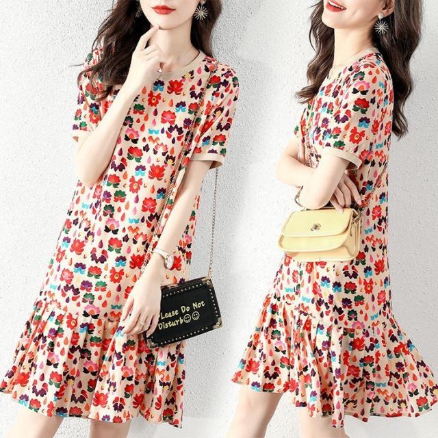 ワンピース レディース 40代 きれいめ 膝丈ワンピース 春夏新作 半袖ワンピース 花柄 マーメイドスカートオシャレ韓国風 大人 通勤OL ゆったり 30代