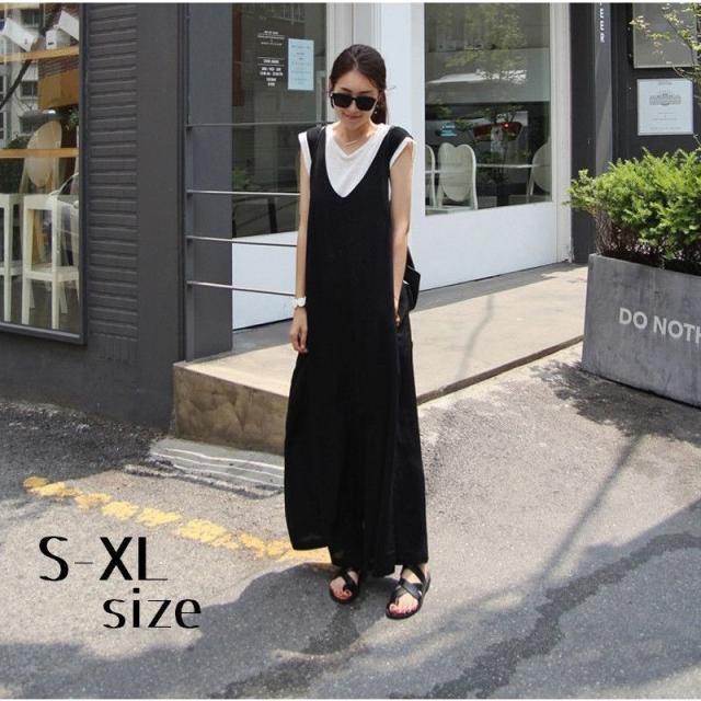 オールインワン サロペット ジャンプスーツ レディース Ｖネック ノースリーブ ロングパンツ ワイド 長ズボン ロング丈 無地 カジュアル おしゃれ