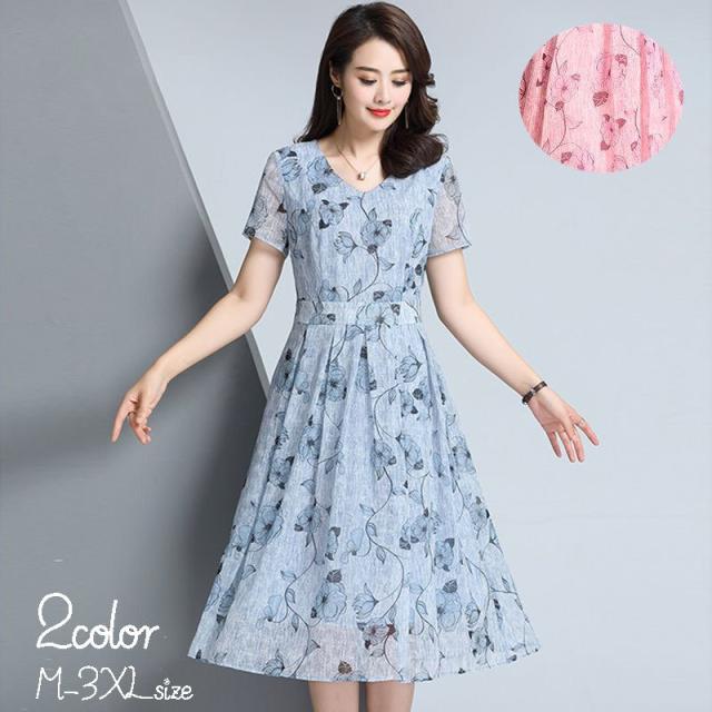 ワンピース レディース フレア 半袖 Vネック 膝丈 膝下 シフォン 花柄 フラワー エレガント おしゃれ お出かけ フェミニン 上品 大人女子 女性