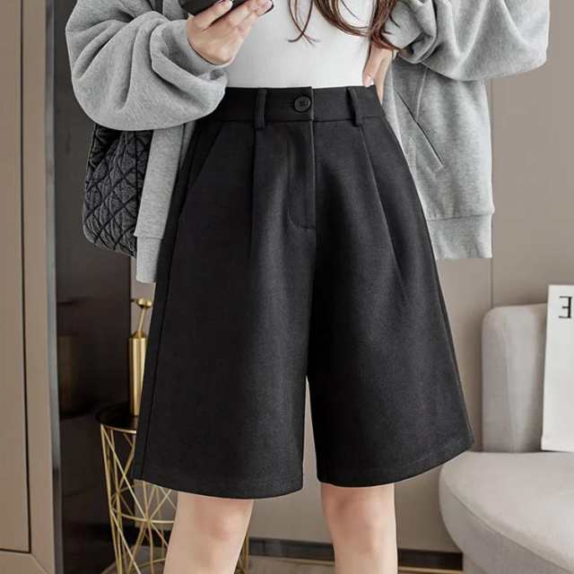 ハーフパンツ ウールタッチ レディース ワイドパンツ フェイク ハーフパンツ ウールタッチ レディース ワイドパンツ フェイク