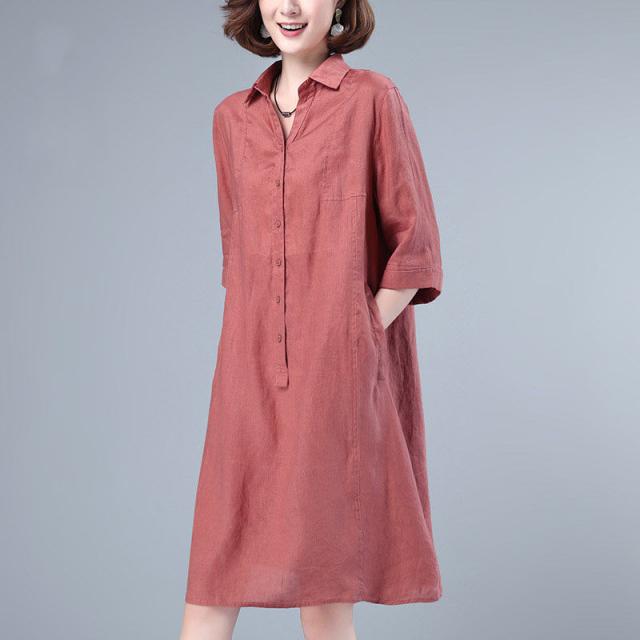 五分袖7分袖シャツワンピースリネンショールカラーオーバーサイズおしゃれお洒落なデザインエレガントレジャー用春夏物レディース
