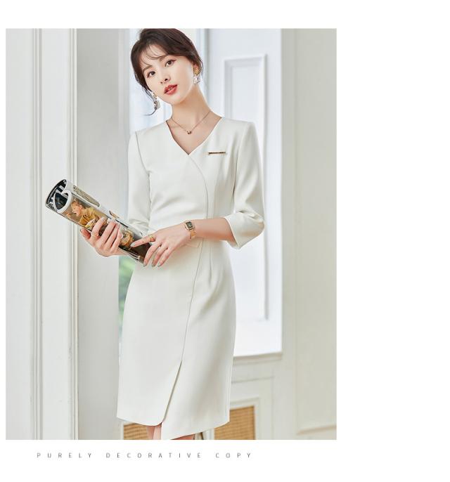 受付 制服 ワンピース レディース 夏 事務服 オフィス エステサロン ユニフォーム フォーマル vネック 膝丈 着痩せ キレイめ おしゃれ 無地 ビ 受付 制服 ワンピース レディース 夏 事務服 オフィス エステサロン