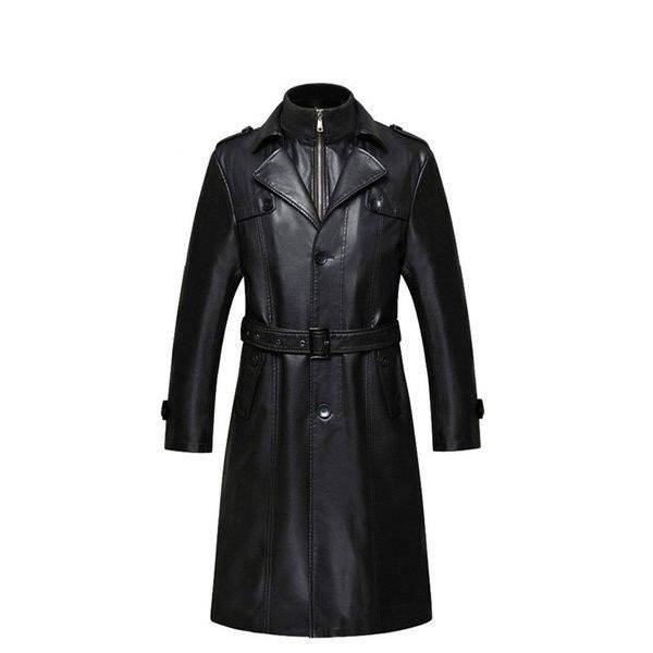 レザーコート　ラム革コート 裏起毛　膝丈　ロングコート　トレンチコート　防寒　ビジネス　バイクジャケット ブラック