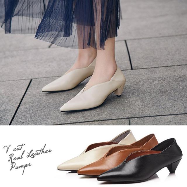 パンプス Vカット 甲深 本革 ヒール 太め ポインテッドトゥ レトロ リアルレザー 黒 キャメル 白 ファッション