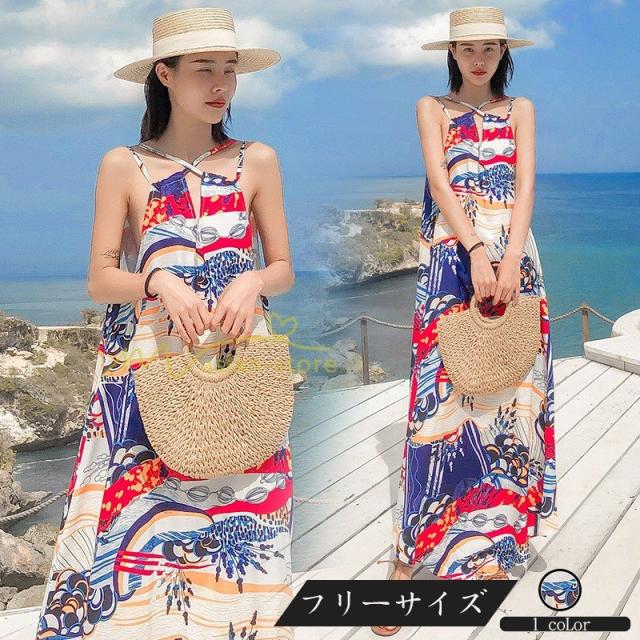 マキシワンピース リゾートワンピ 背中開き レディース キャミソール ノースリーブ セクシー ゆったり  プリーツフレア カジュアル 柄ワンピース 体型カバー
