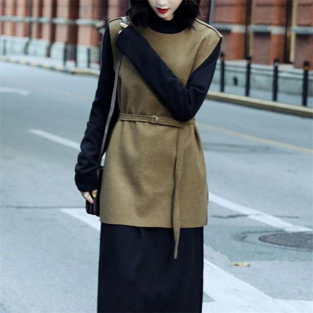 ワンピース ベストセットワンピース セットアップ レディース ラシャベスト レイヤード ニットワンピース 長袖 ベルト付き 無地 スリットワンピ 着重ね 可愛い