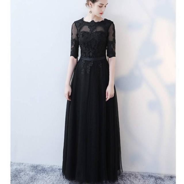 パーティードレス 結婚式 お呼ばれドレス 20代 30代 40代 袖あり ロング レース 黒ロングワンピース お呼ばれワンピース 二次会 成人式 同窓会 食事会 謝恩会