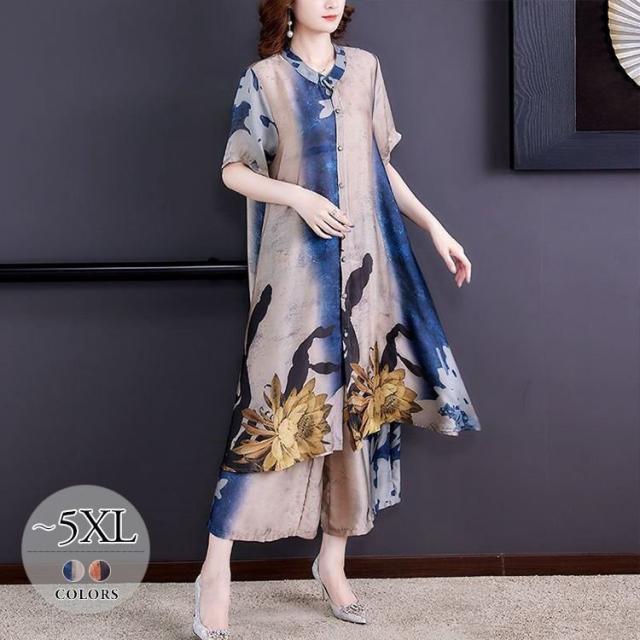 セットアップ ブラウス パンツ ボタニカル柄 ラウンドネック ボタン クラシカル 細見え ウエストゴム 2WAY ワンピース