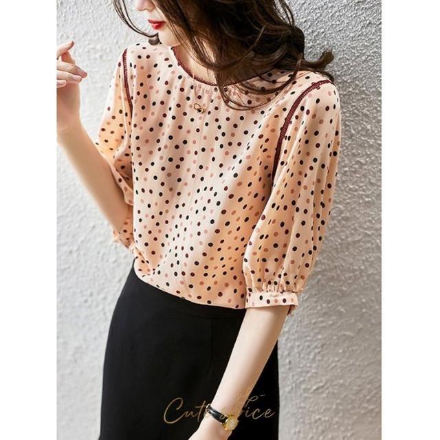ブラウス レディース 40代 春夏新作 オシャレブラウス レションシャツ 半袖トップス ドット柄 パフスリーブブラウス 大人上品 通勤OL ゆったり Tシャツ30代