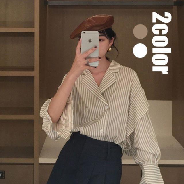 ブラウス レディース 春秋 トップス きれいめ 薄手 フレア袖 ストライプ ブラウス フレア Vネック おしゃれ カジュアル 韓国風 新作 ゆったり 2色